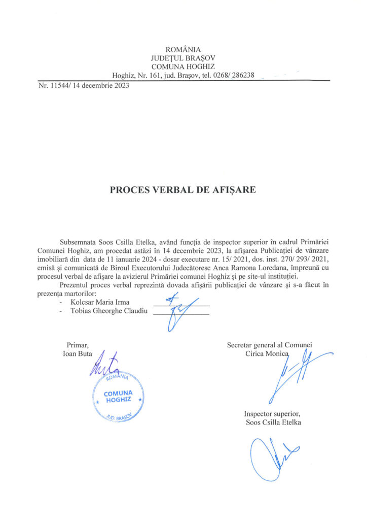 Proces verbal de afișare | Comuna Hoghiz