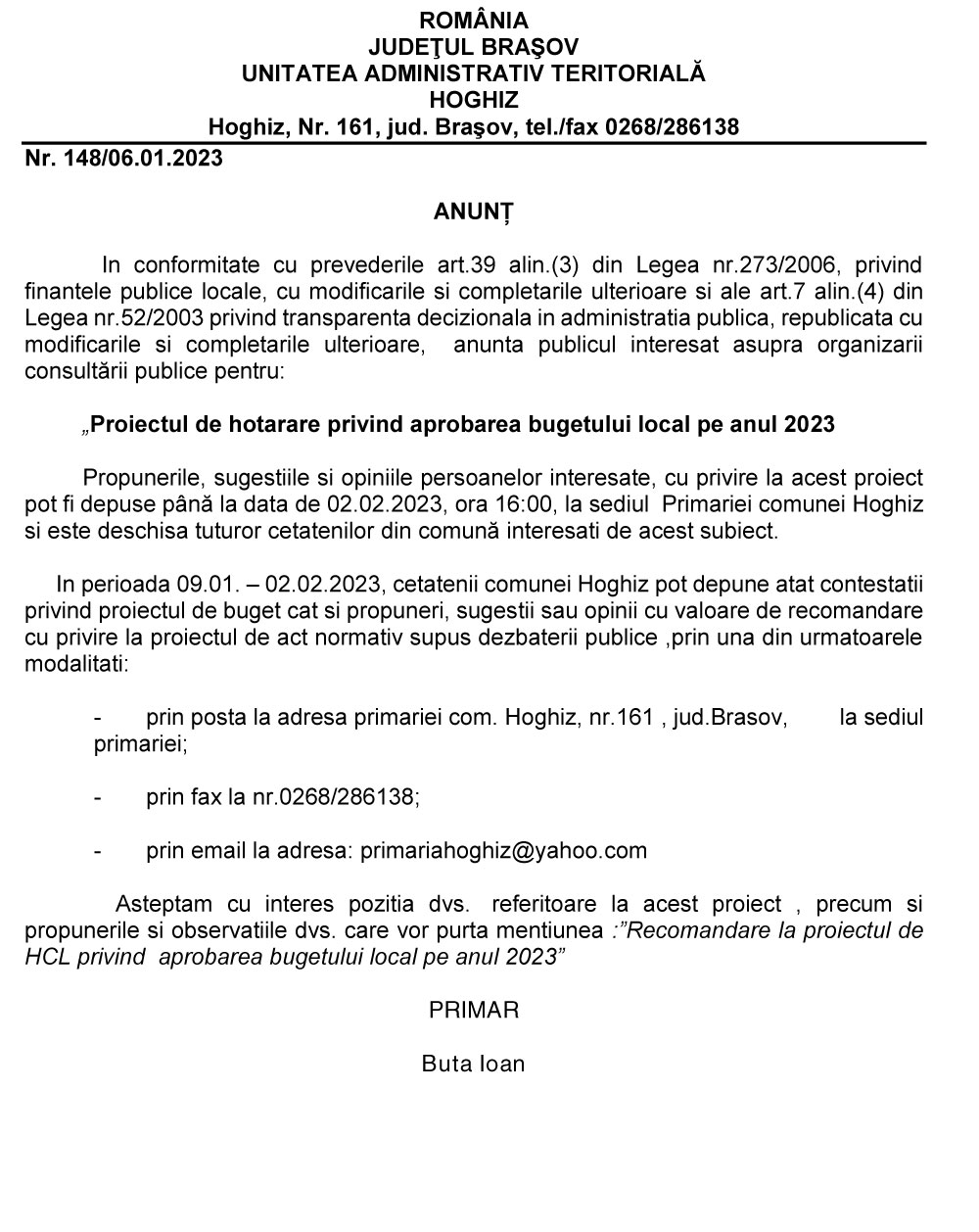 Proiectul de hotarare privind aprobarea bugetului local pe anul 2023 | Comuna Hoghiz