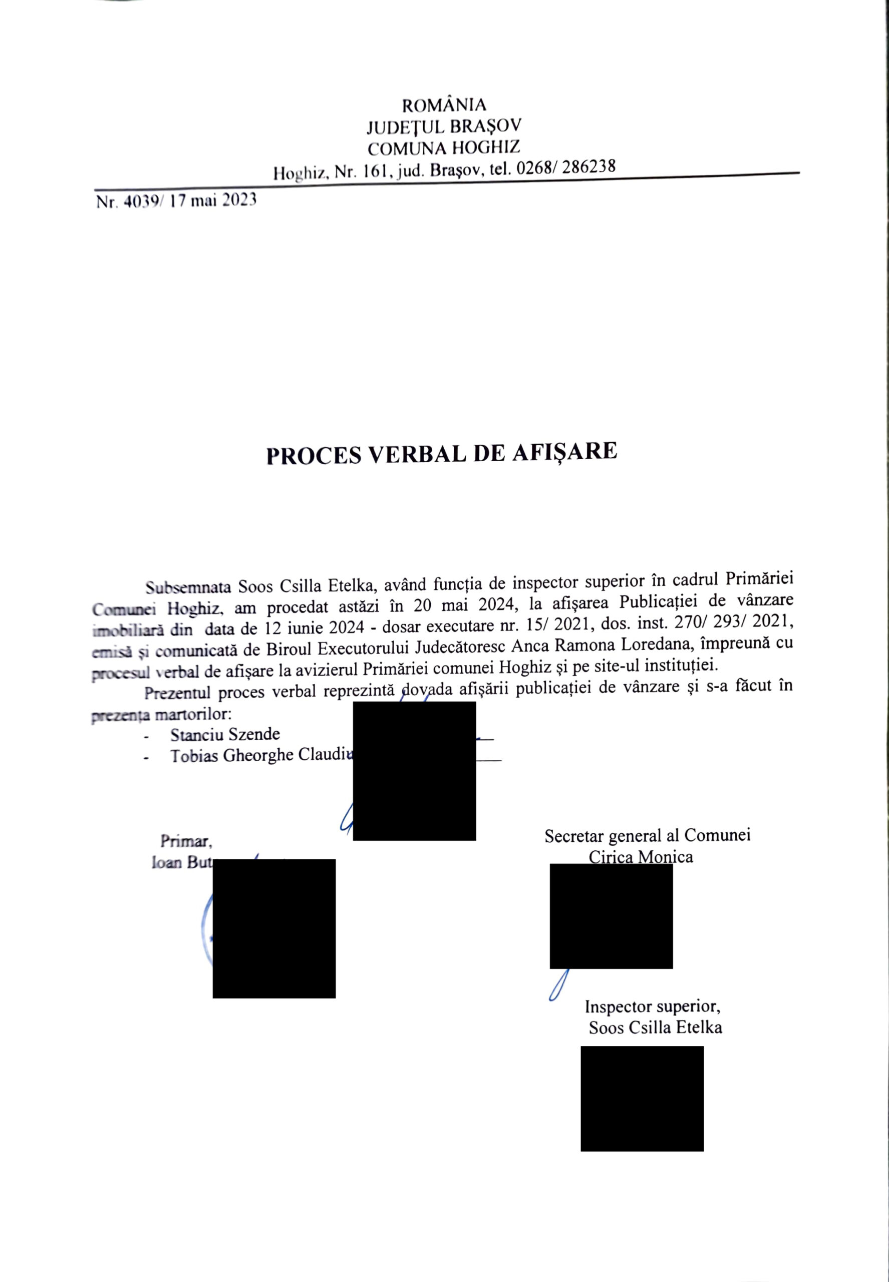 Proces verbal de afișare | Comuna Hoghiz